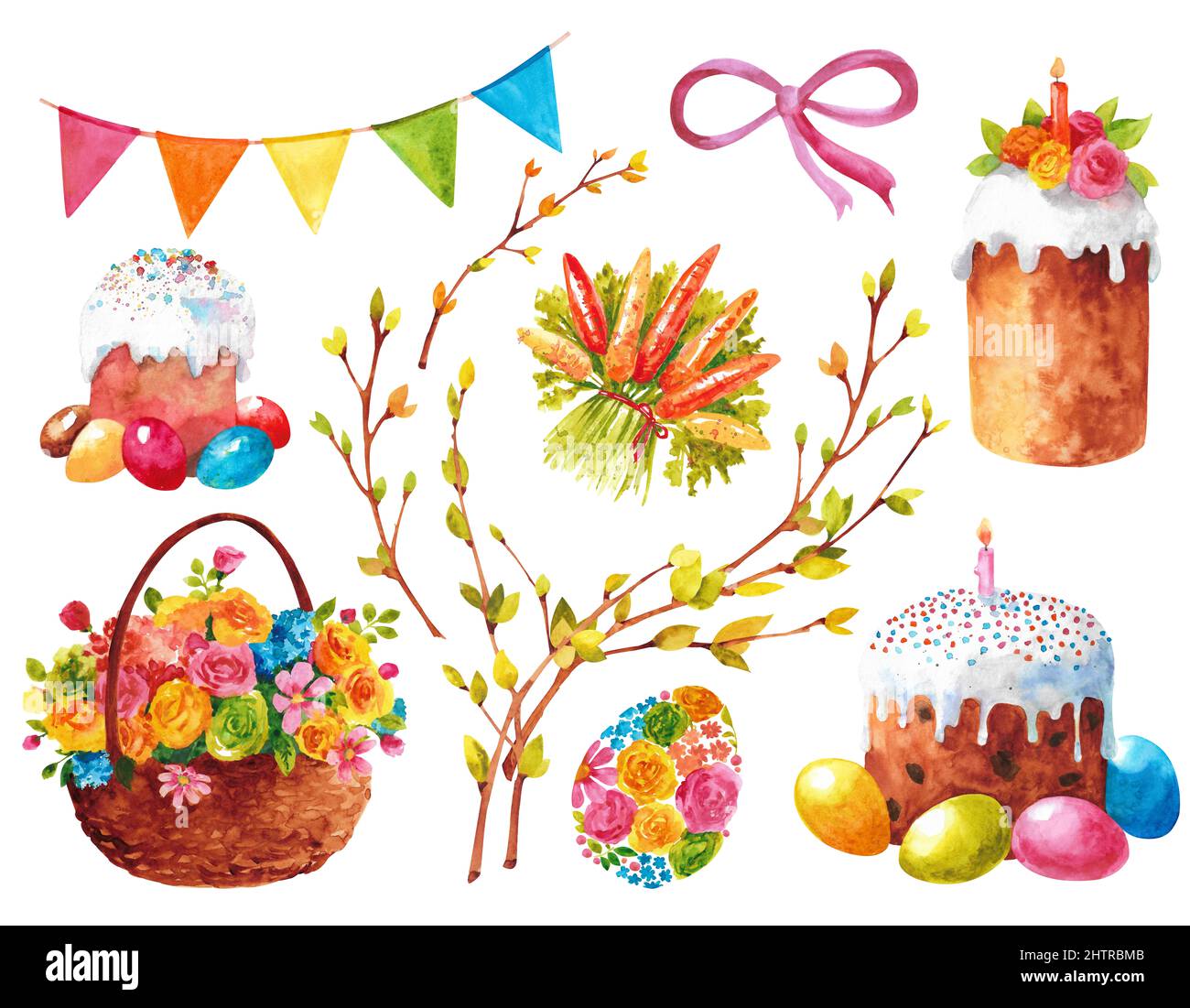 Watercolor easter collage. Hand made illustration isolated on white ...