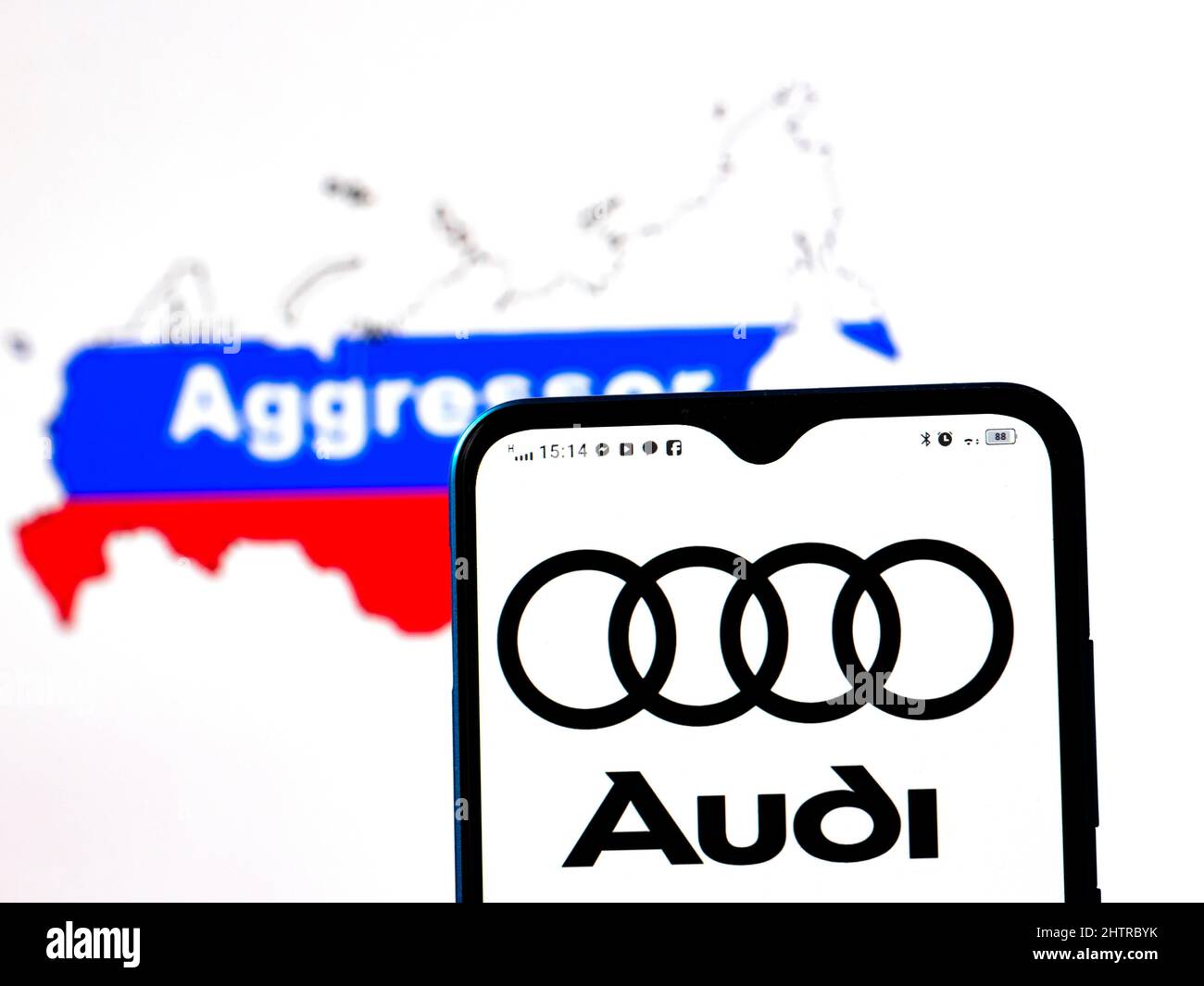In this photo illustration, the Audi logo is displayed on a smartphone ...