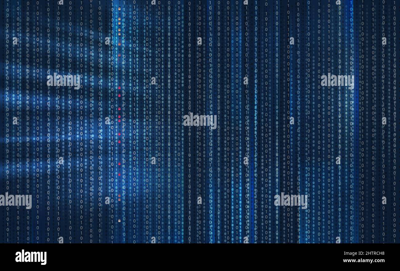 Binary code flying at blue background, digital data flow and ...