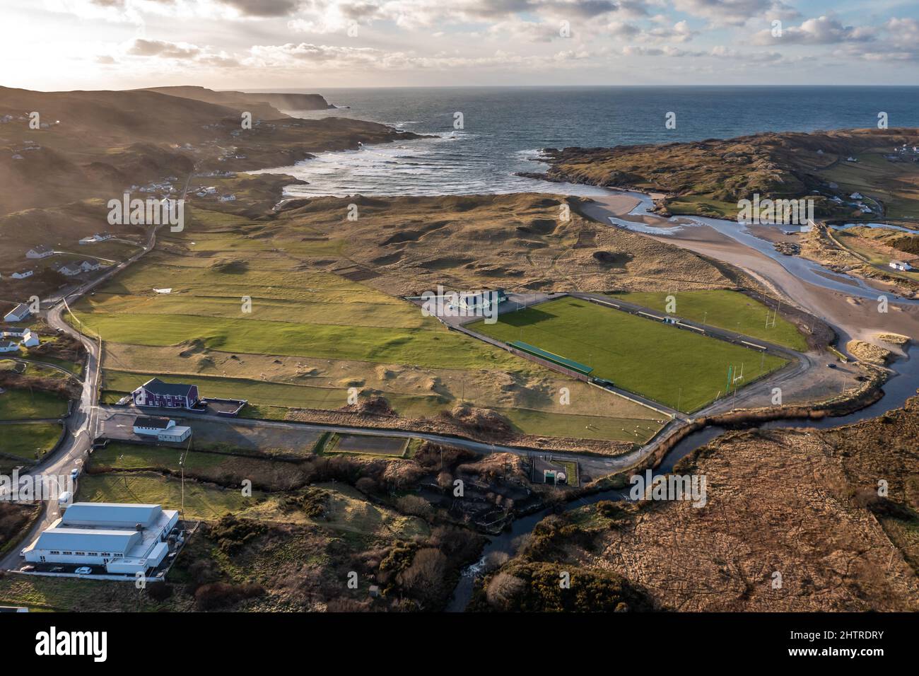 Aerial view of GAA pitch in Glencolumbkille in County Donegal, Republic ...