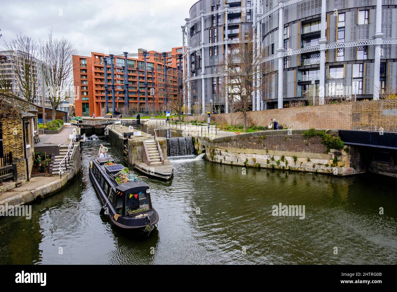 St Pancras lock on the Regents Canal overlooked by the Gasholders ...
