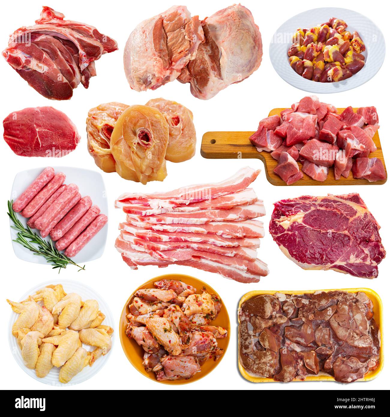 Various raw meat products isolated on white background Stock Photo - Alamy