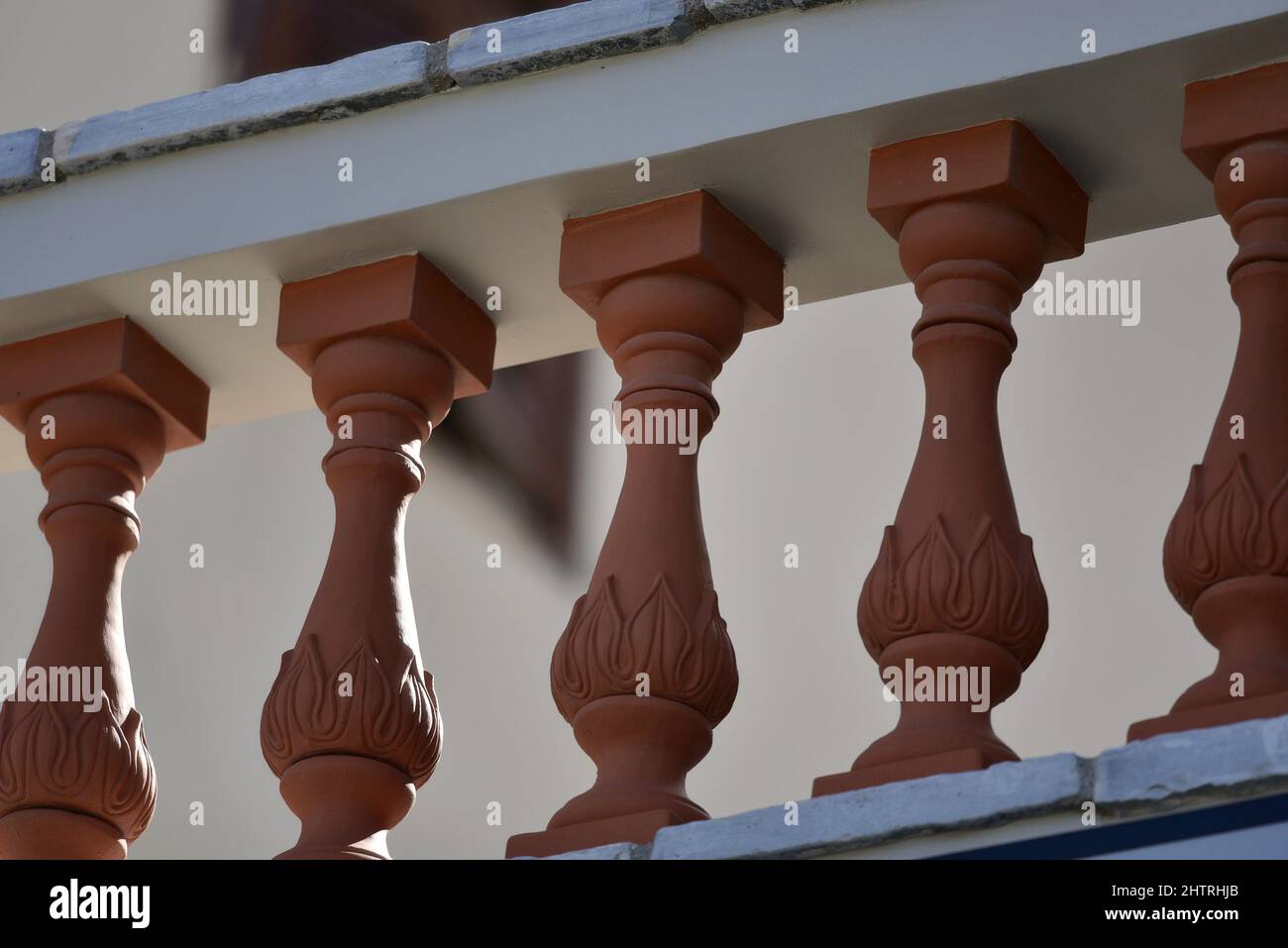 Old Neoclassical house balcony with handcrafted clay columns in Nafplio ...