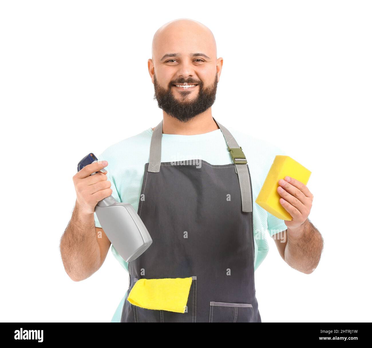 Bald man with cleaning supplies isolated on white Stock Photo - Alamy