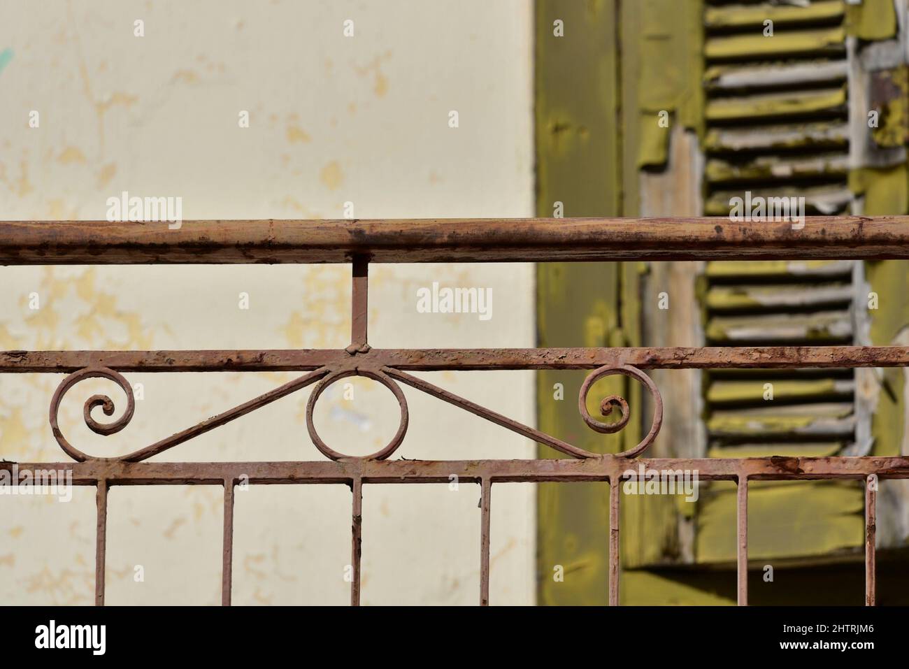 Traditional handcrafted wrought iron balcony railing in Nafplio, Greece ...