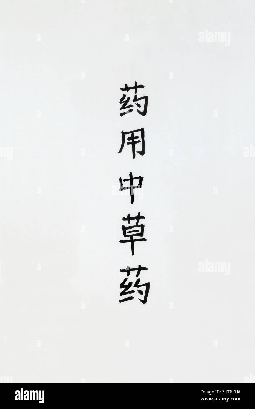 Medicinal Chinese herbs calligraphy script on rice paper background ...