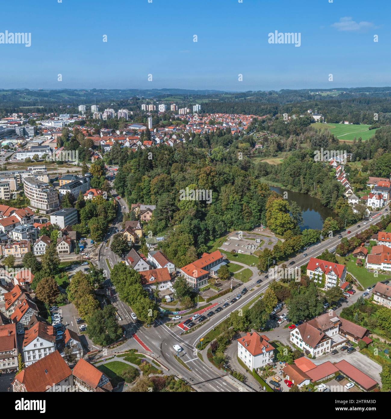 Aerial view to the beautiful town of Wangen in western part of Allgaeu ...