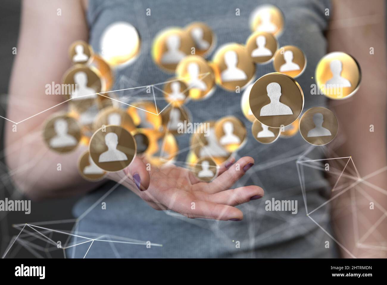 3D rendering of global network blockchain floating above a girl's hands ...