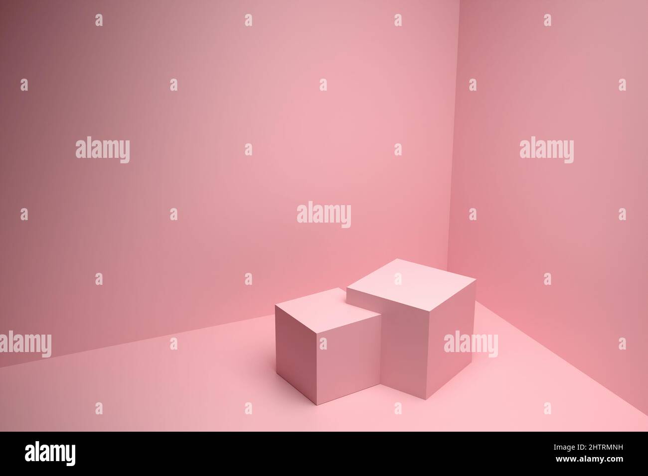 Two spliced pink cubes in the corner of the room with a pink floor and ...