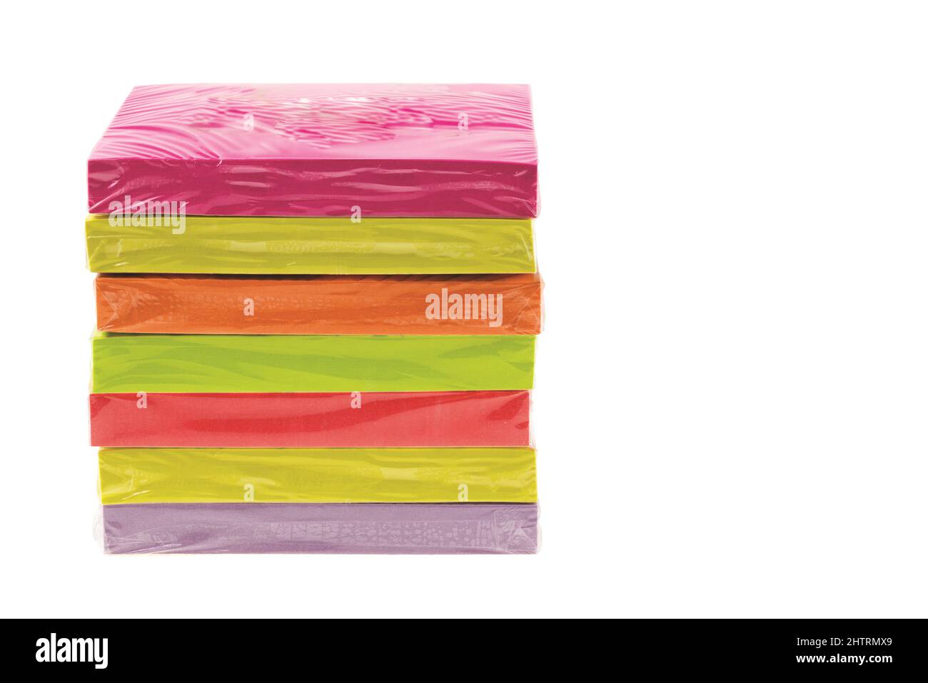 Close up view of colorful postal note packages on white background ...