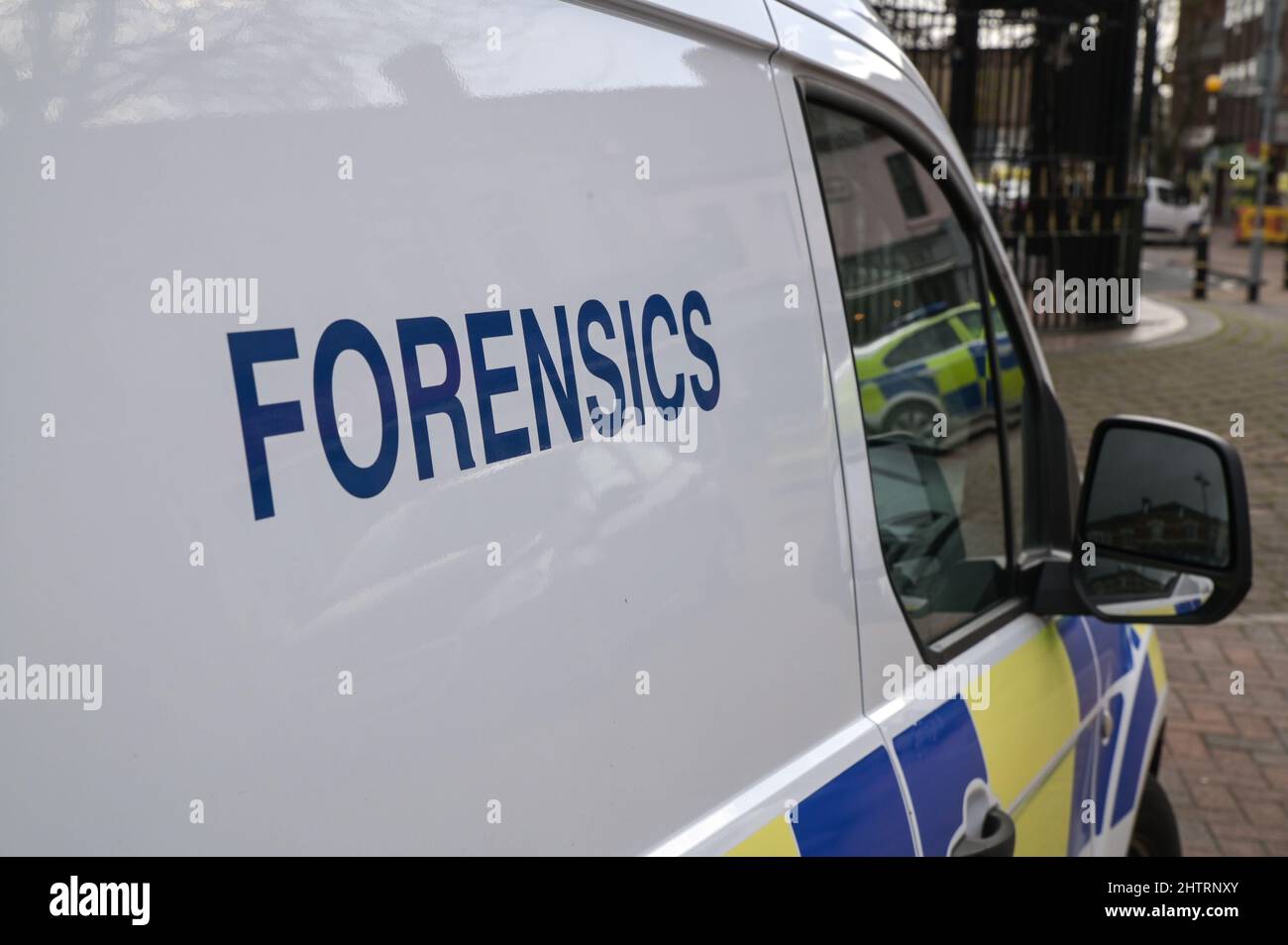 British Police forensics vehicles at a crime scene in the UK, England ...