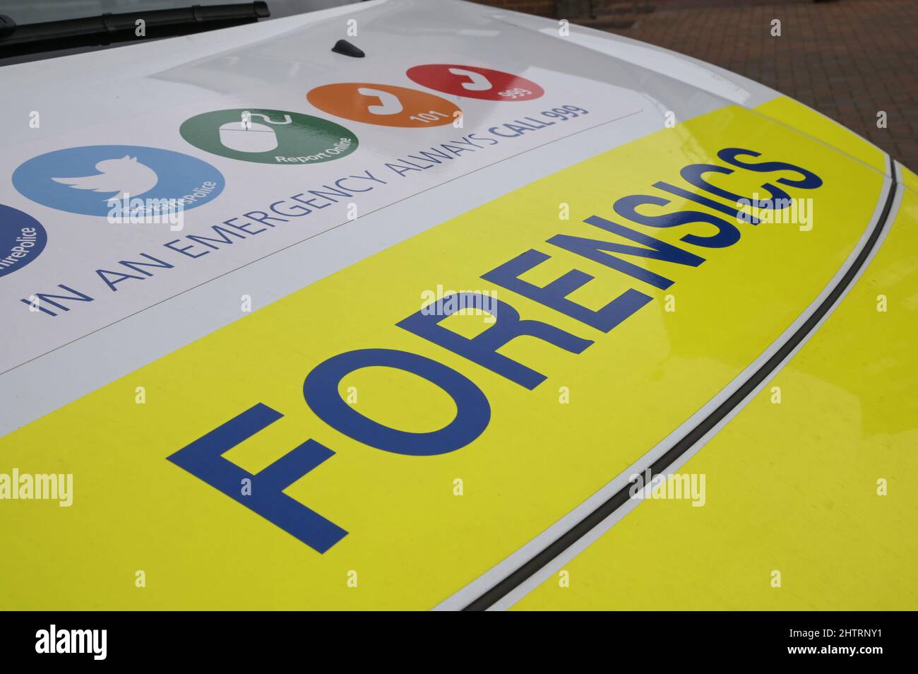 British Police forensics vehicles at a crime scene in the UK, England ...