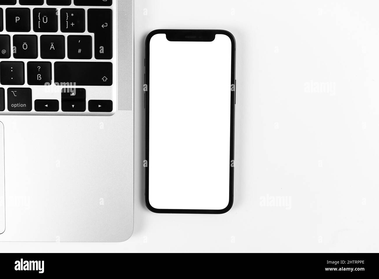 Flat lay Apple iPhone screen mockup, office desktop with laptop, bright ...