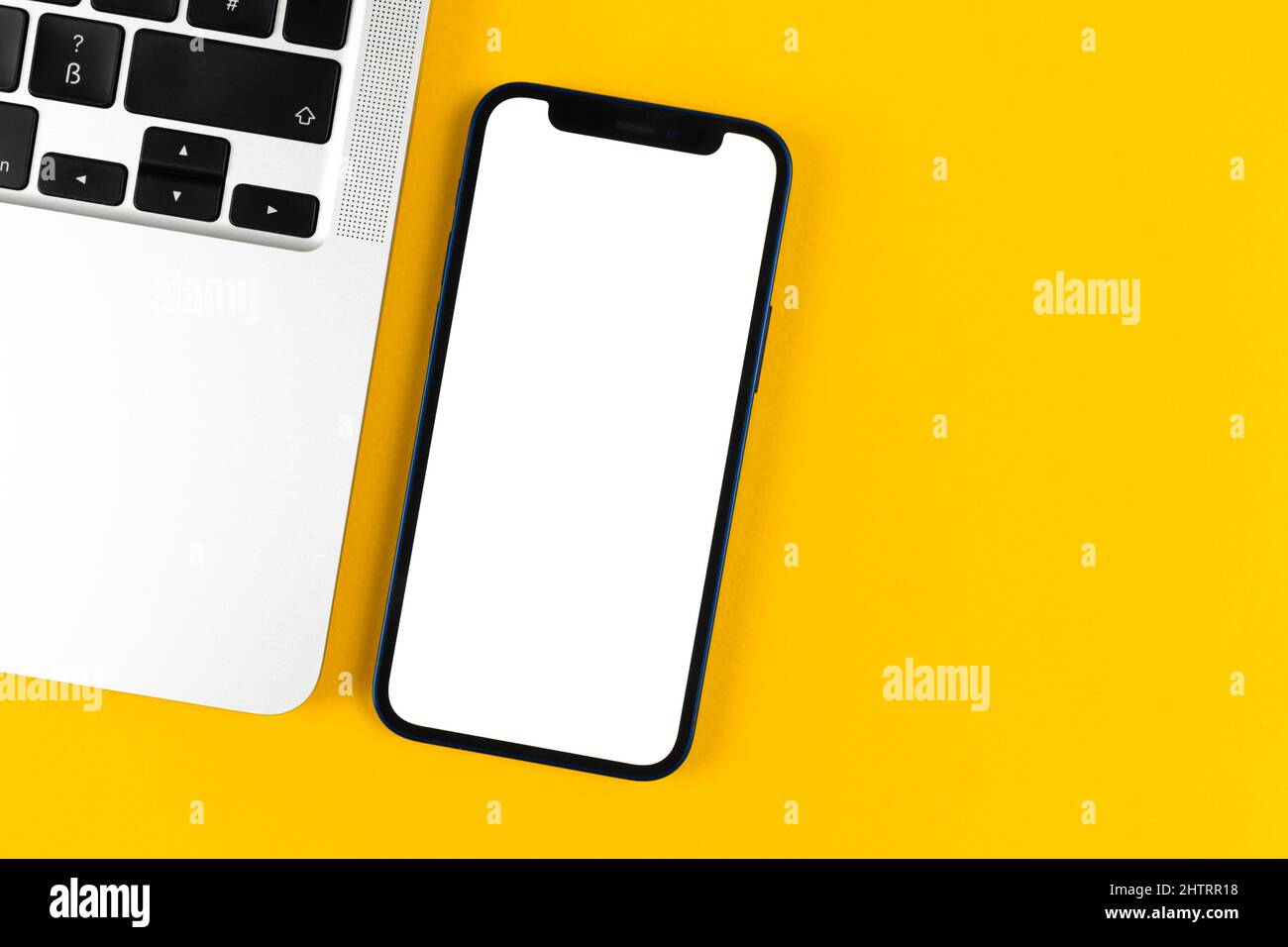 Office desk with Apple iPhone mockup screen. Business flat lay and ...