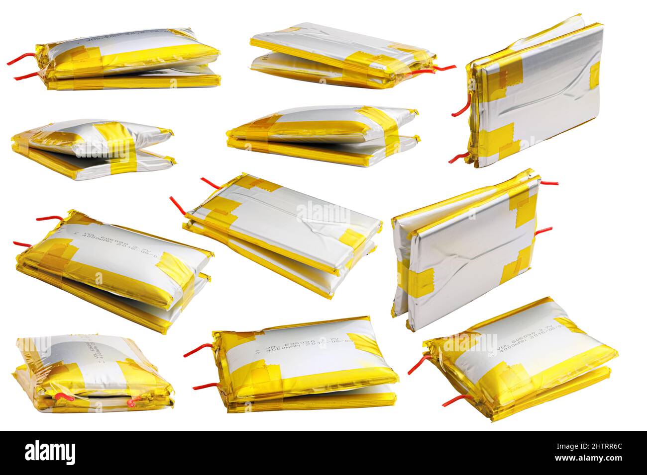 set of swollen double Li-ion battery pack isolated on white background ...