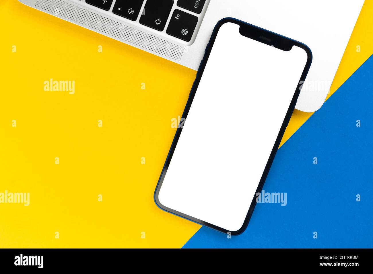 Office desk with Apple iPhone mockup screen. Business flat lay and ...