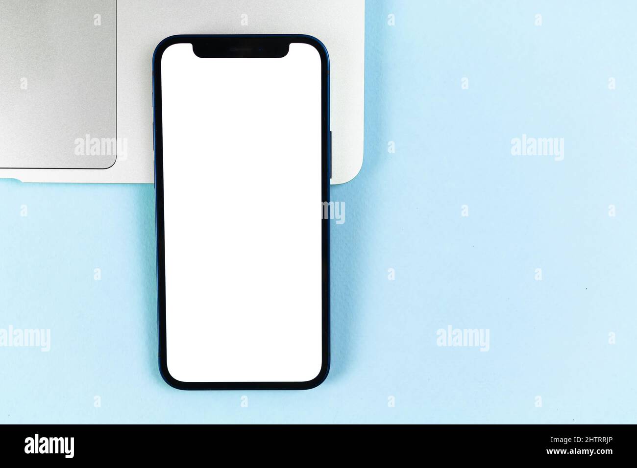 Flat lay Apple iPhone screen mockup, office desktop with laptop, bright ...