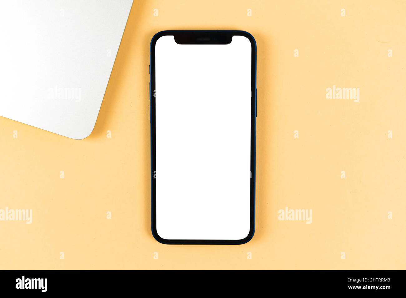 Flat lay Apple iPhone mockup, office desktop with laptop, bright beige ...