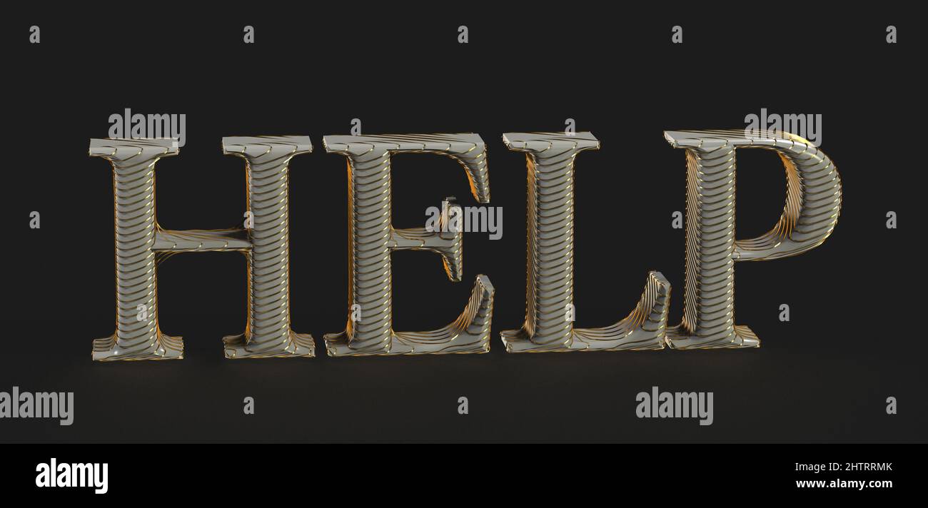 3d rendering of the word "Help" in gold color against the black ...