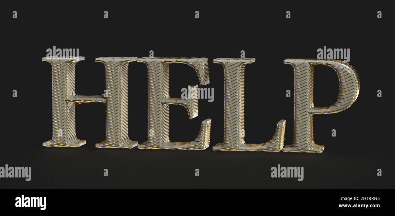 3d rendering of the word "Help" in gold color against the black ...