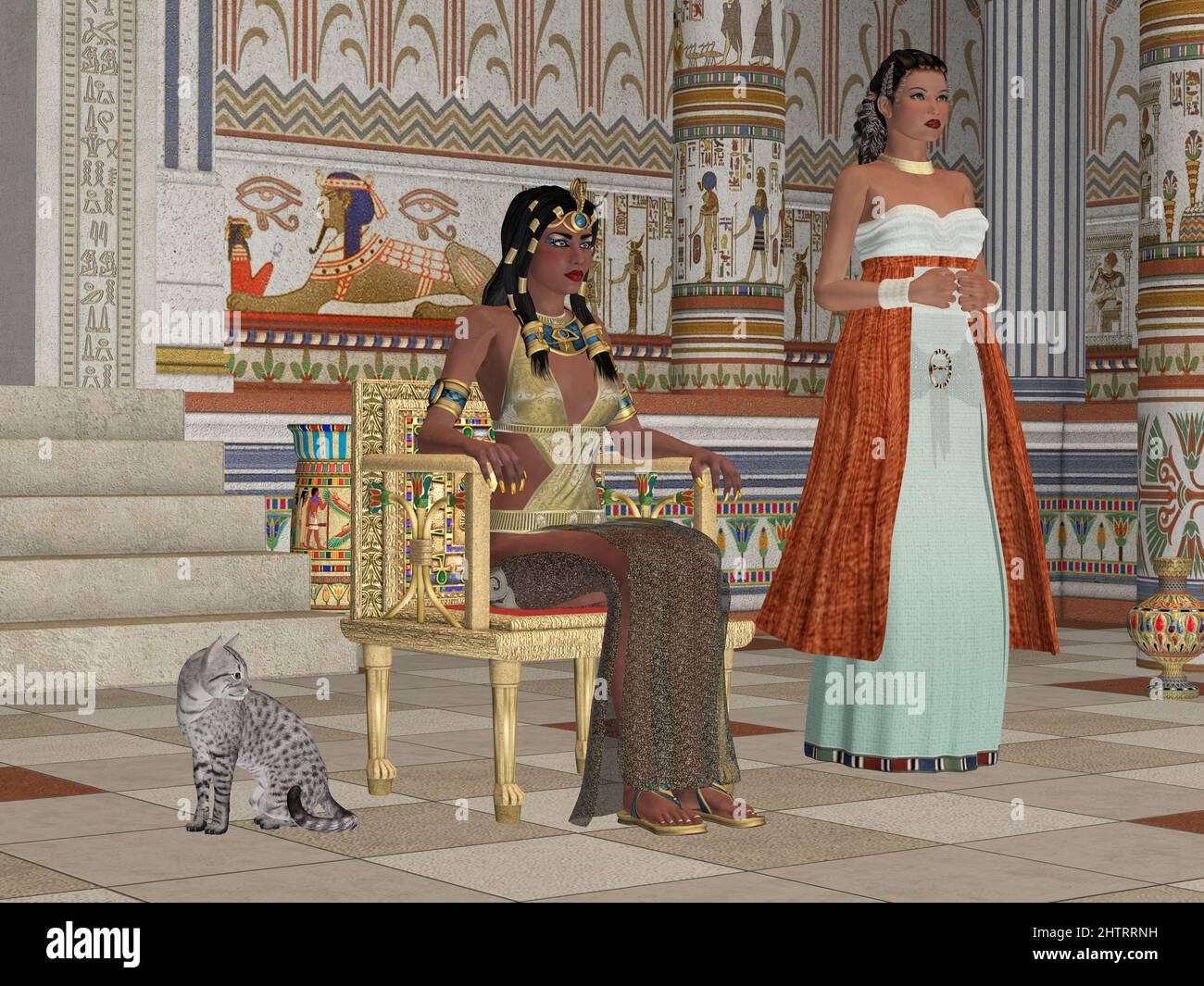 Gowned in golden fabric an Egyptian queen sits on a throne with a ...