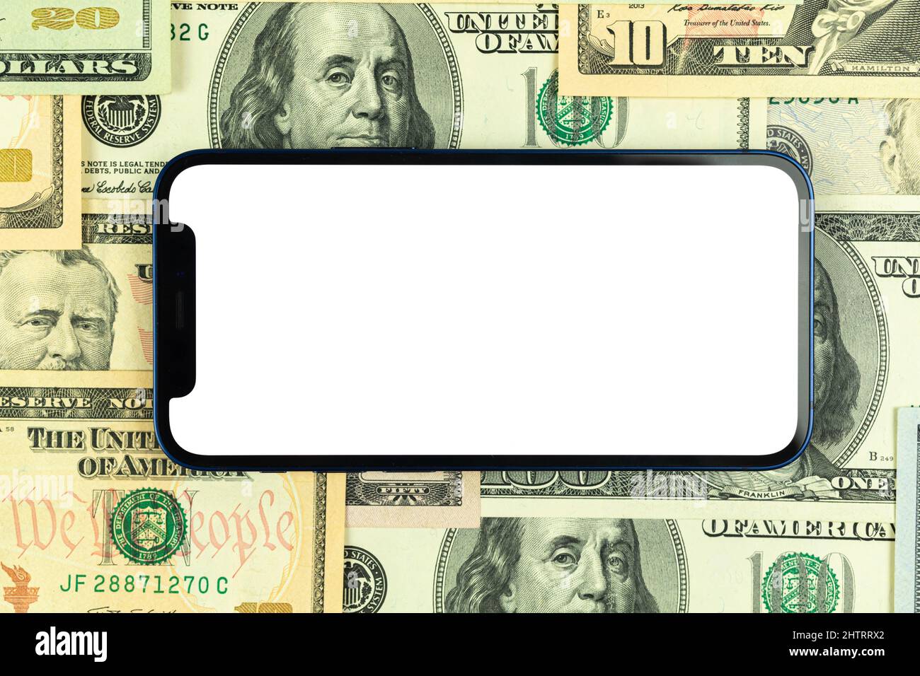 Flat lay Apple iPhone horizontally screen mockup, business office ...