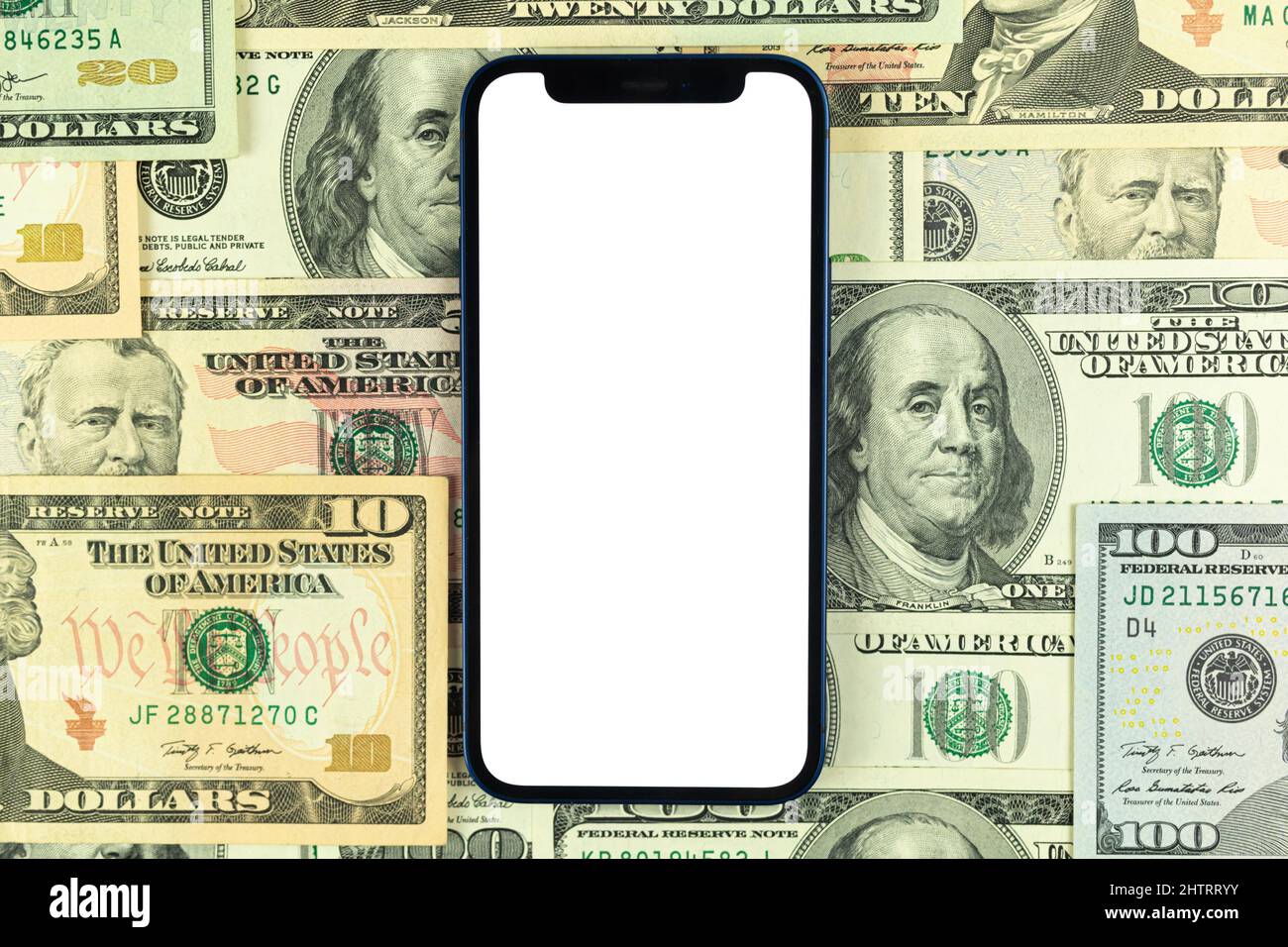 Flat lay Apple iPhone mockup, business office desktop with money and ...