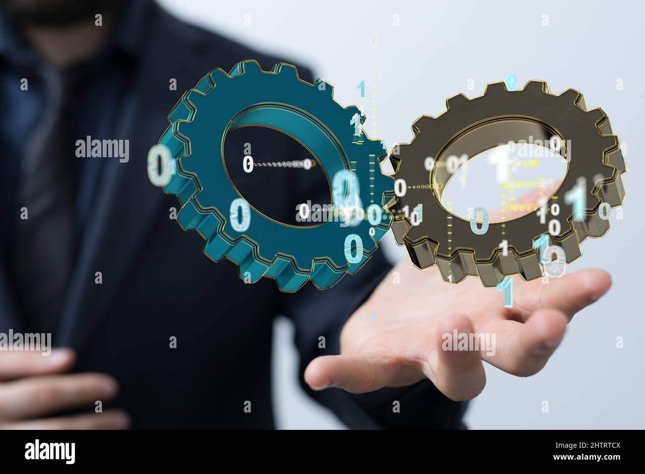 3d rendering of engineering gears connected with numbers floating above ...
