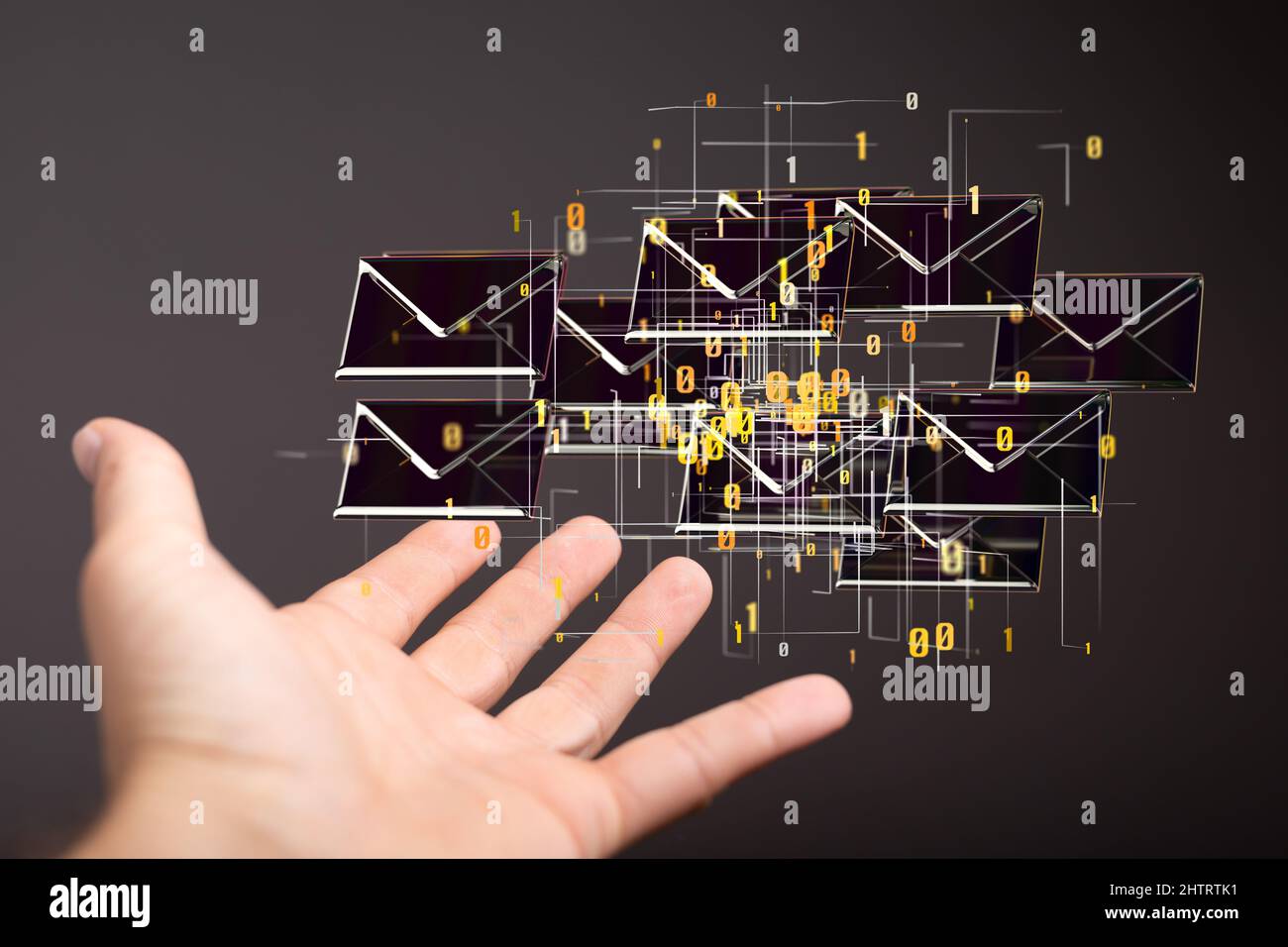 3d rendering of email inboxes floating above a hand in electronic ...