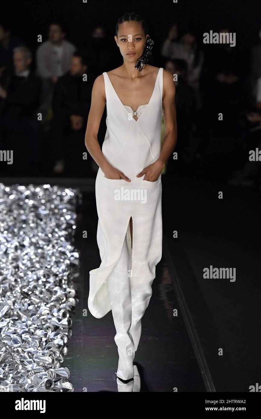 Model Selena Forrest walks on the runway at the Courreges fashion show ...