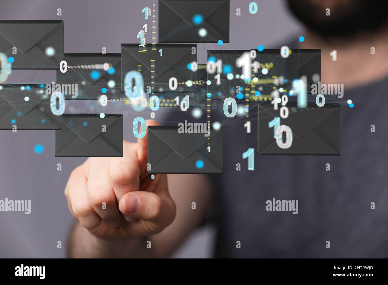 3d rendering of email envelopes in network and communication symbols ...