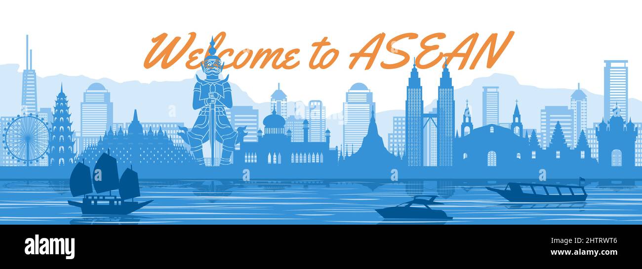 ASEAN famous landmark with blue and white color design,vector ...
