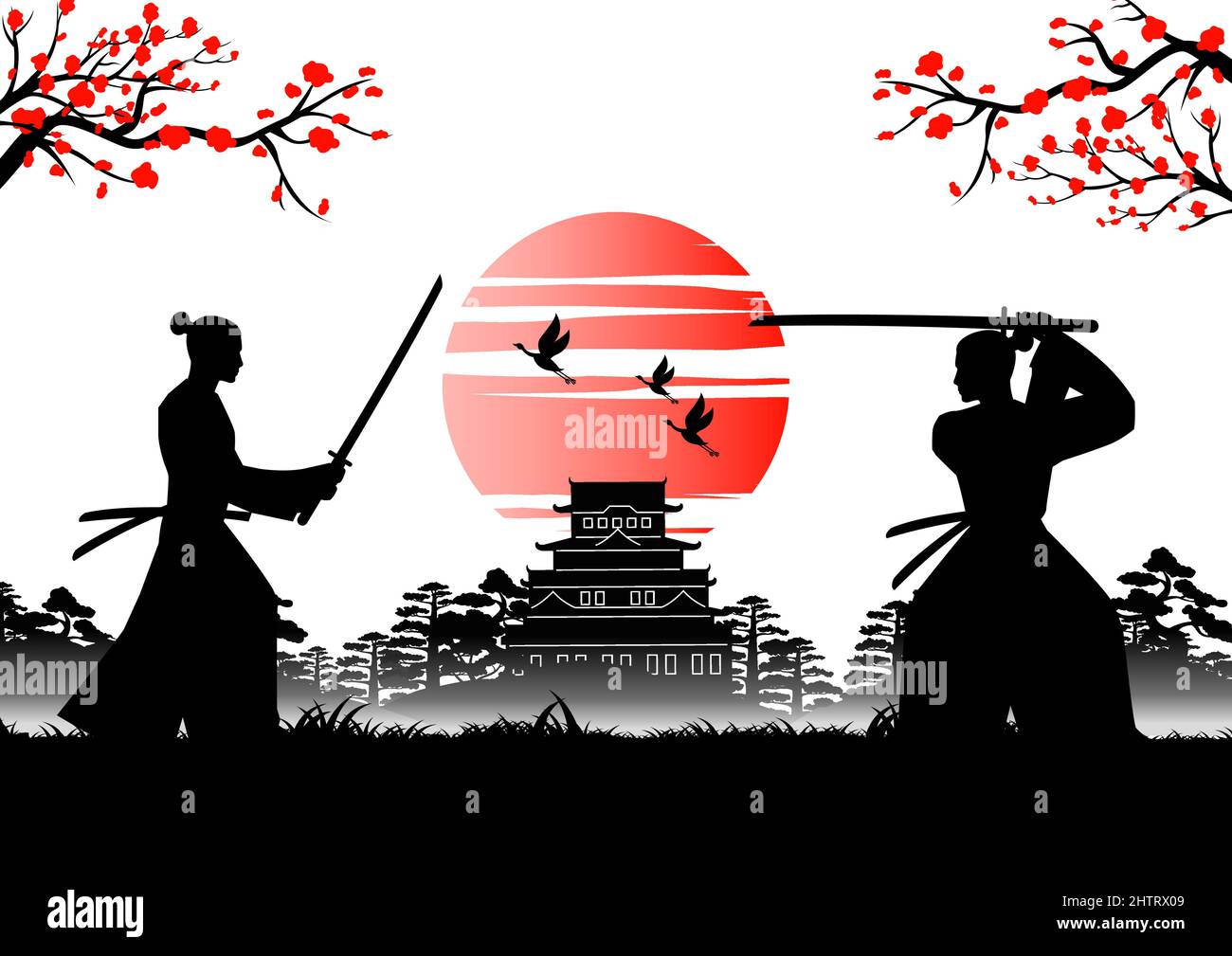 Japanese art with ancient design of samurai training sword near emperor ...