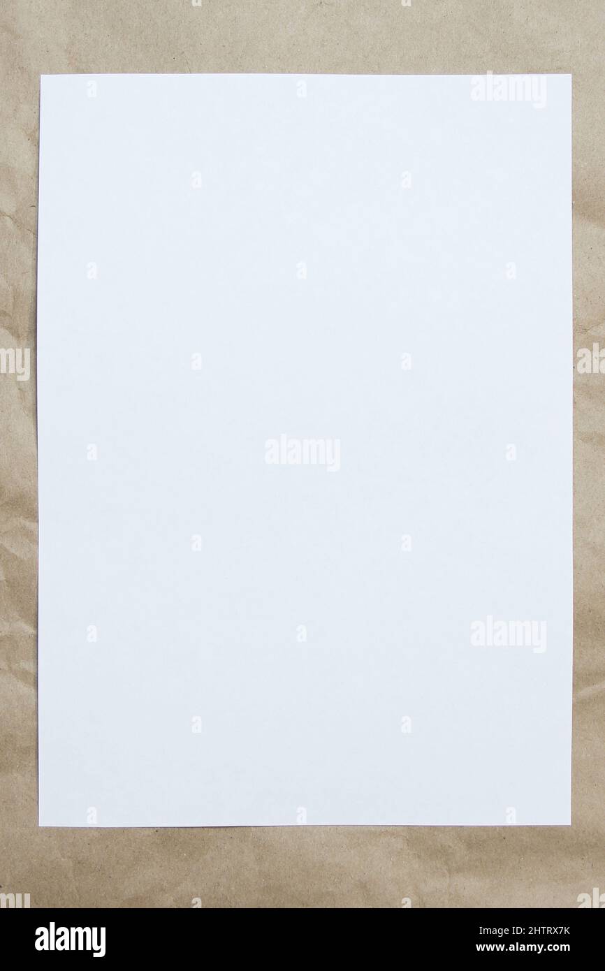 White empty sheet of A4 format on a beige craft paper, vertically ...