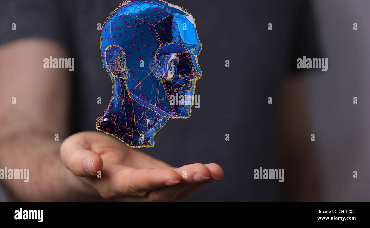 3d rendering of blue human head floating in the air above a hand in ...