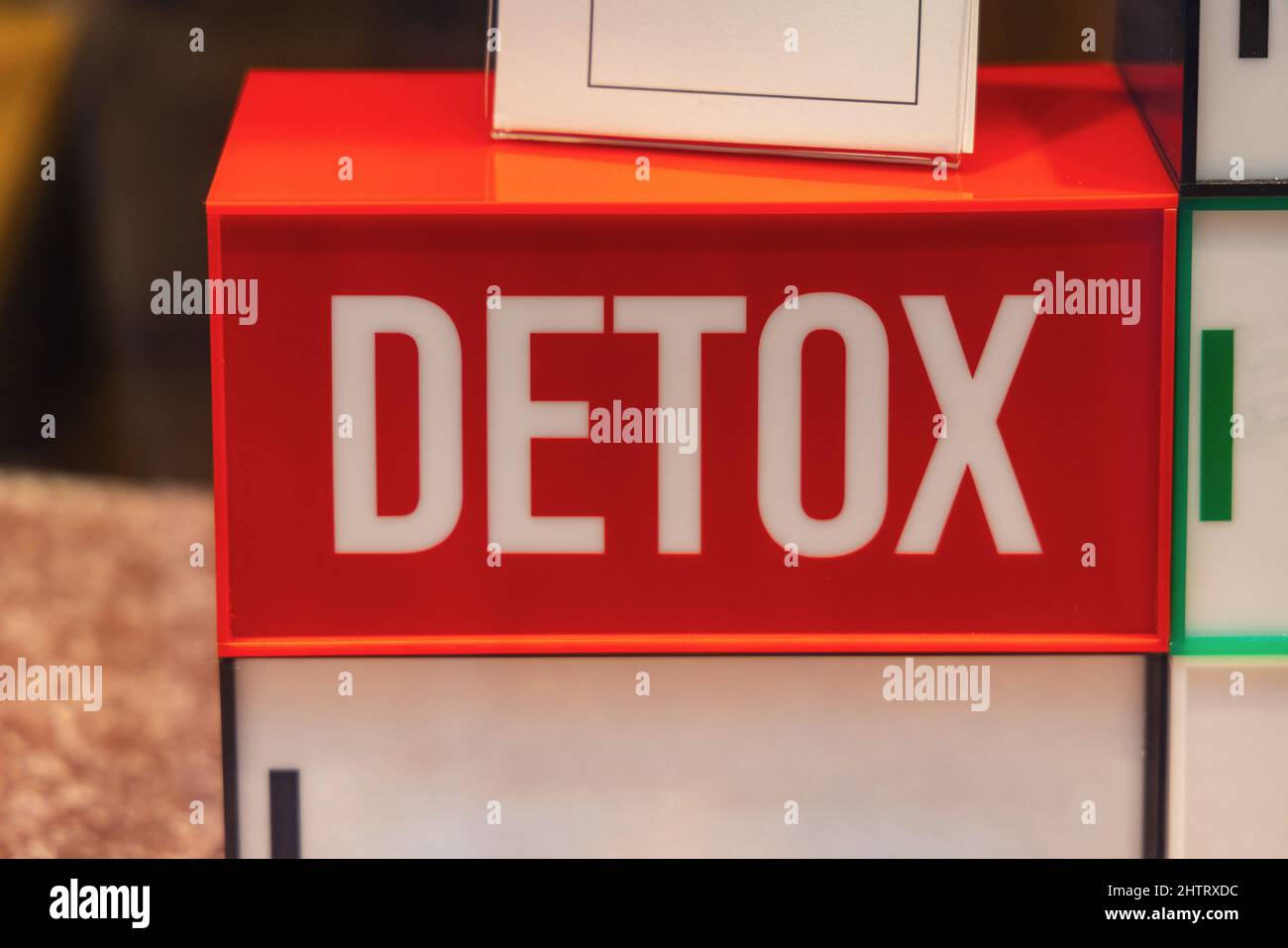 Detox Sign in Red Light Box Concept Info Stock Photo - Alamy