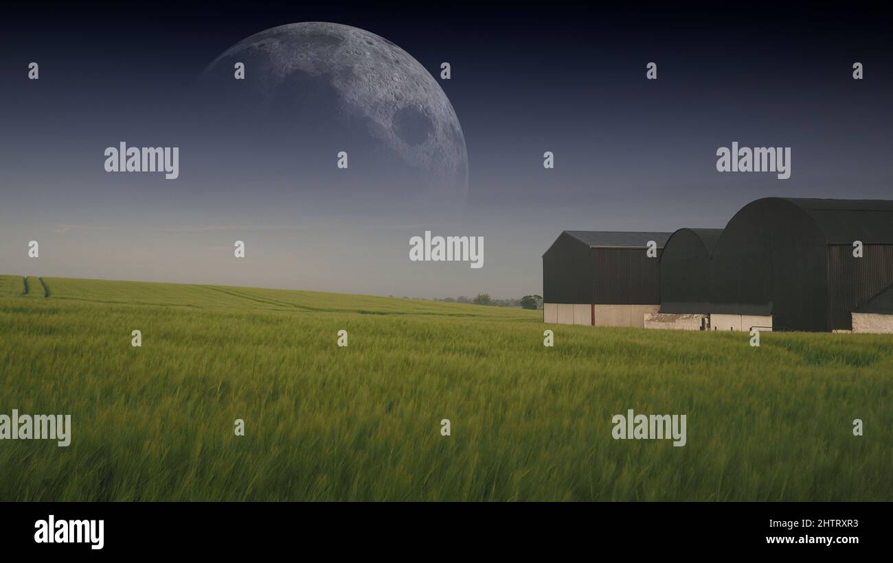 Beautiful view of the farms in the field with the big moon on the ...