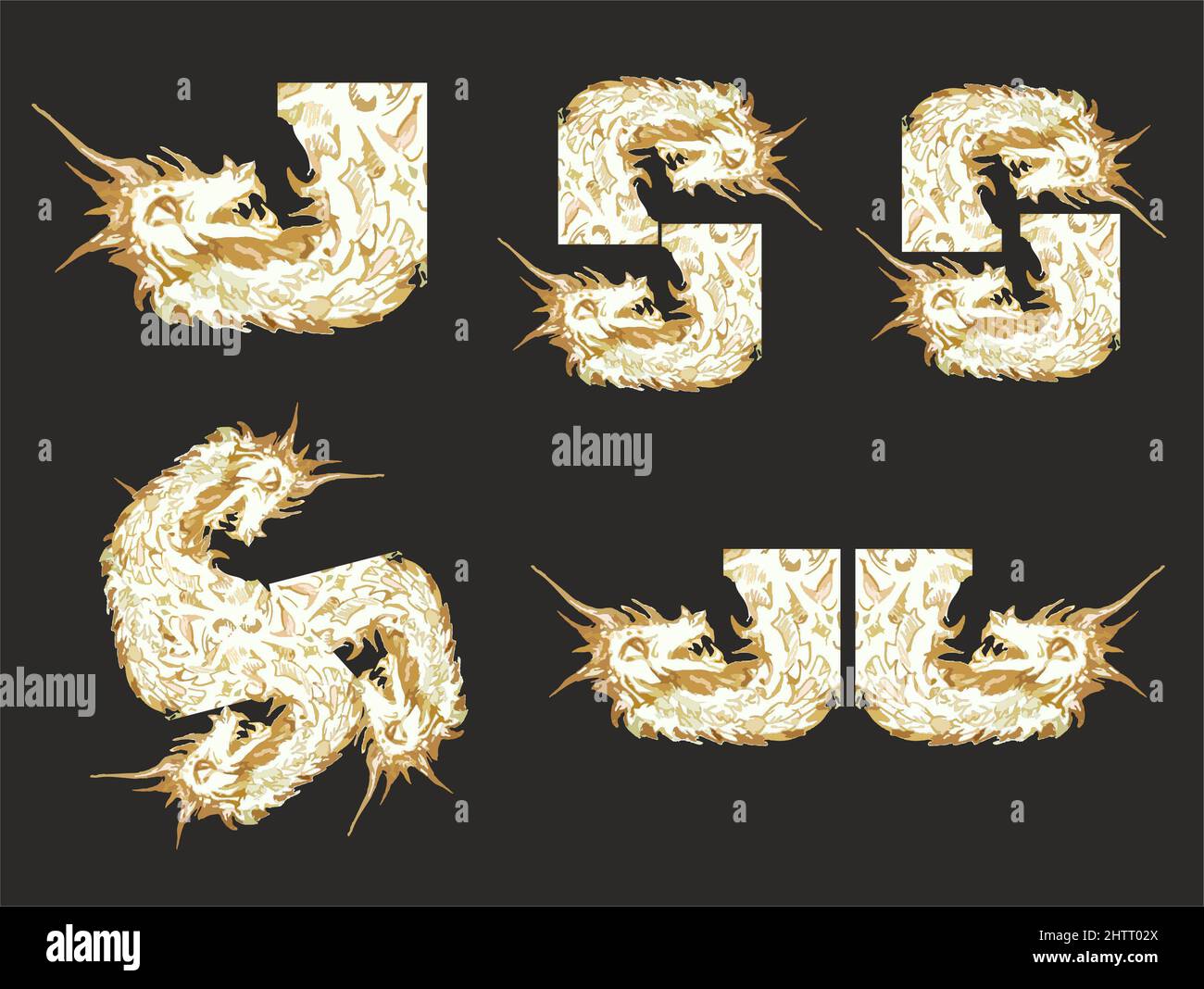 Sketch of dragon symbols in pastel tones on a black background. Golden ...