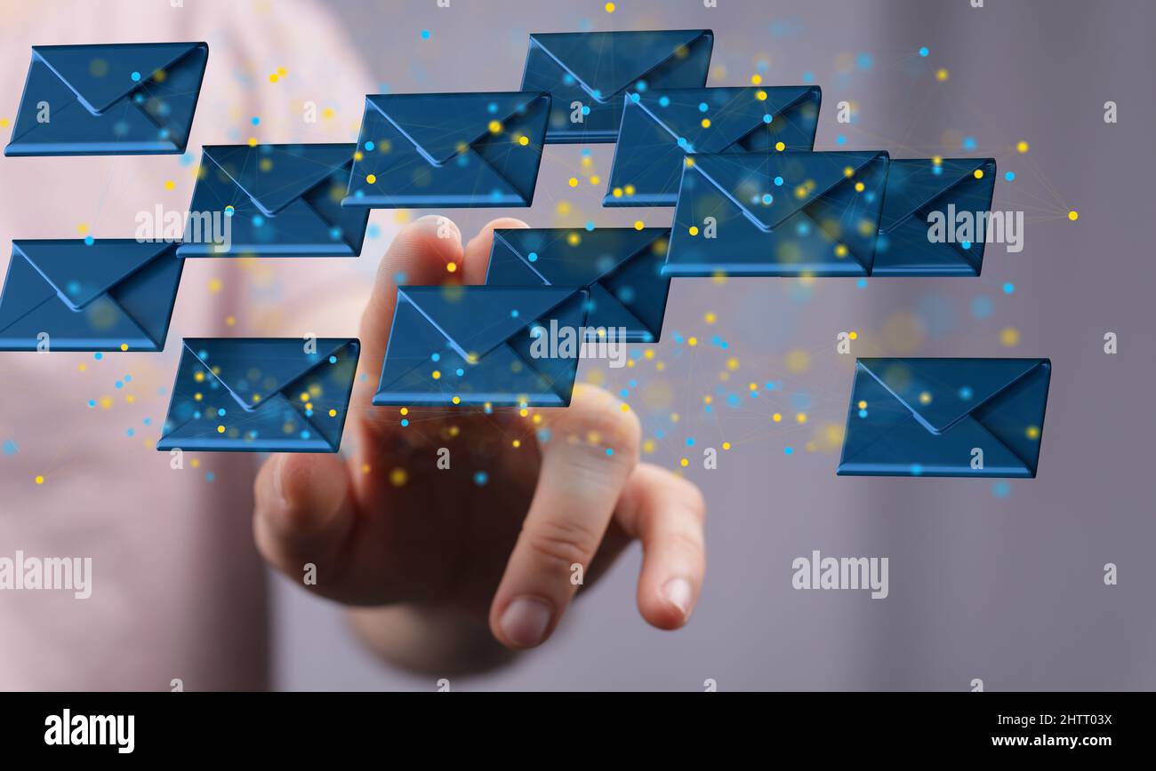 3d rendering of email and messages floating in the air between hands ...