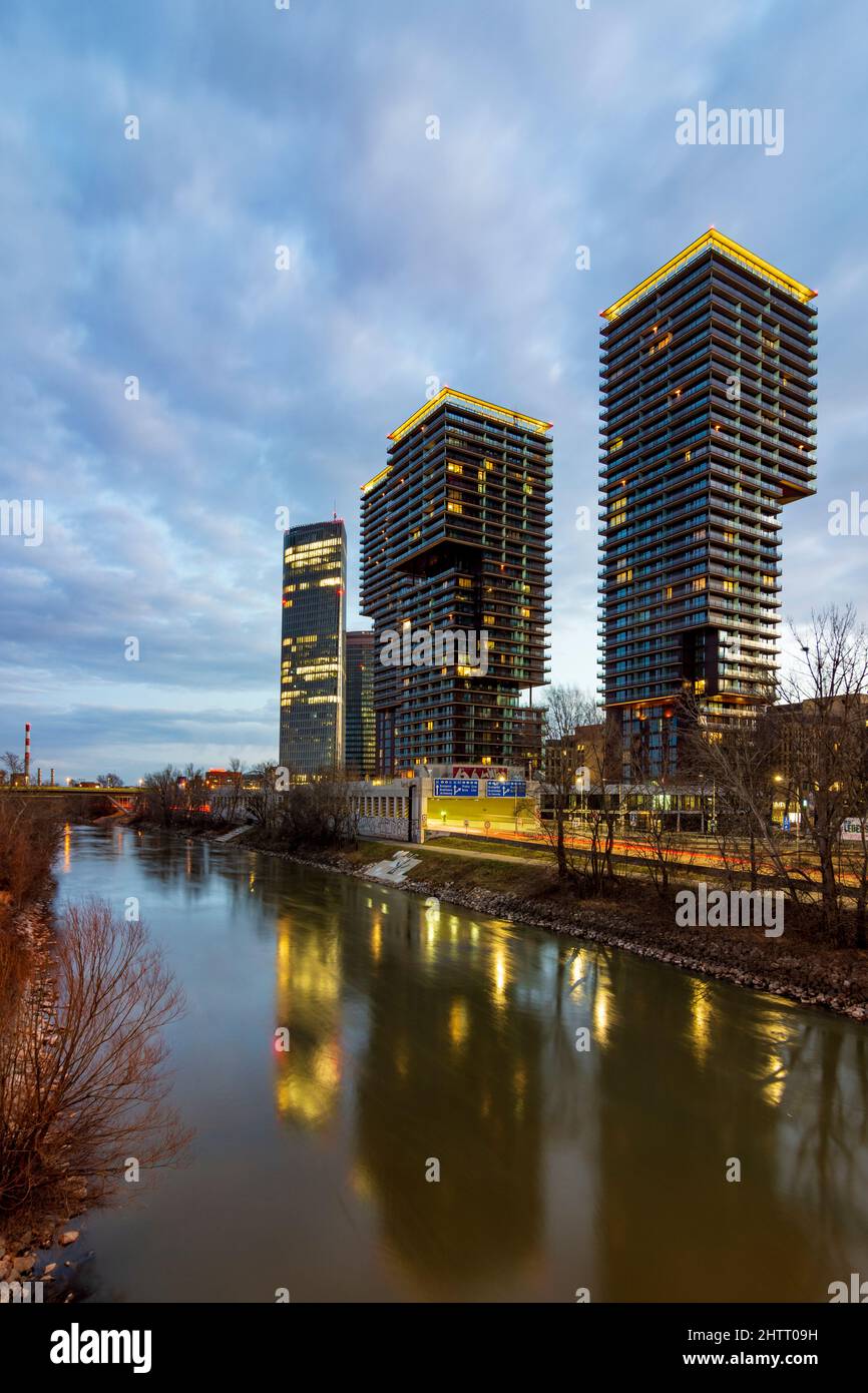 Wien, Vienna: Triiiple Towers, river Donaukanal in 03. Landstraße, Wien ...