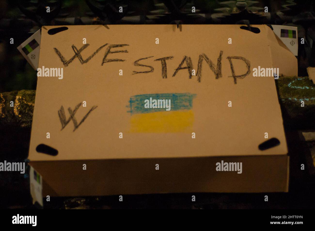 We stand with Ukraine cardboard placard amid current war in Ukraine ...