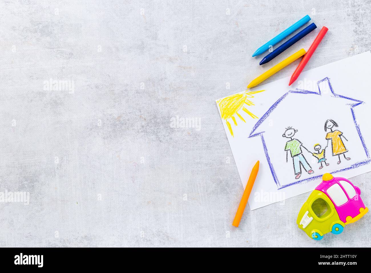 Drawing of parents and child at home. Adoption concept Stock Photo - Alamy