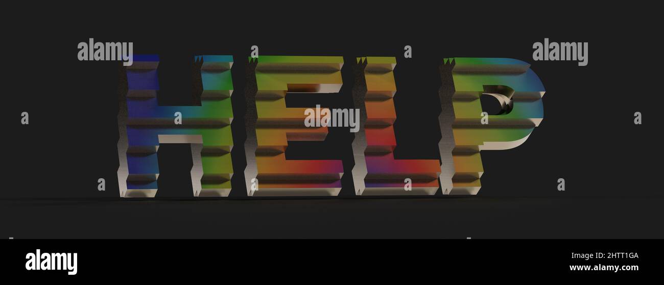 3d rendering of the word Help in different colors against the black ...