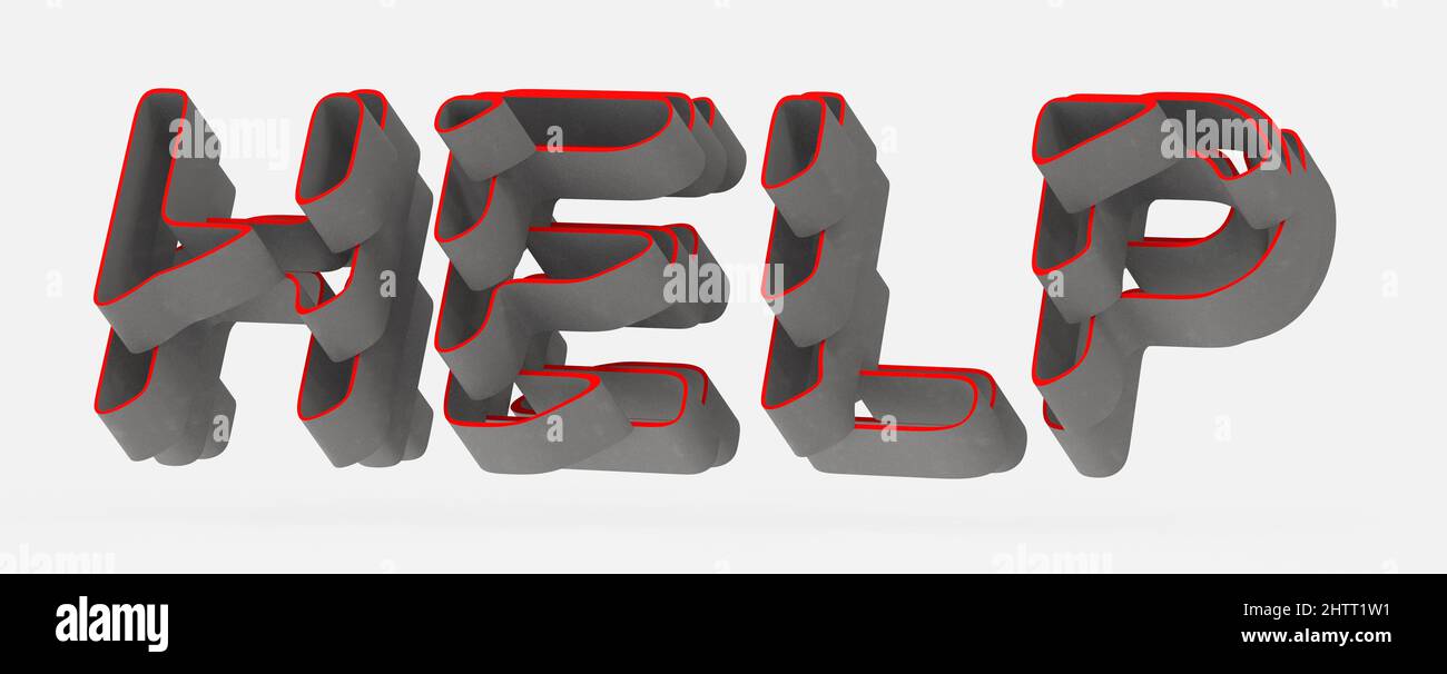 3d rendering of the word Help with grey shapes and red outlines against ...