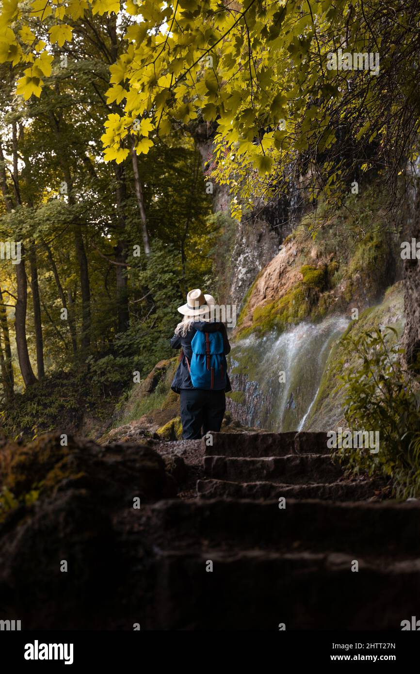 Vertical back view of a blonde female hiking in a forest Stock Photo ...