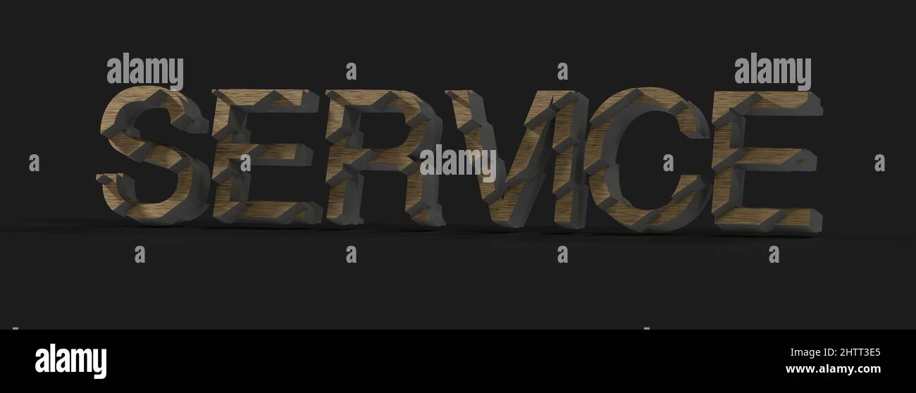 3d rendering of the word Service in gold shades against the black ...