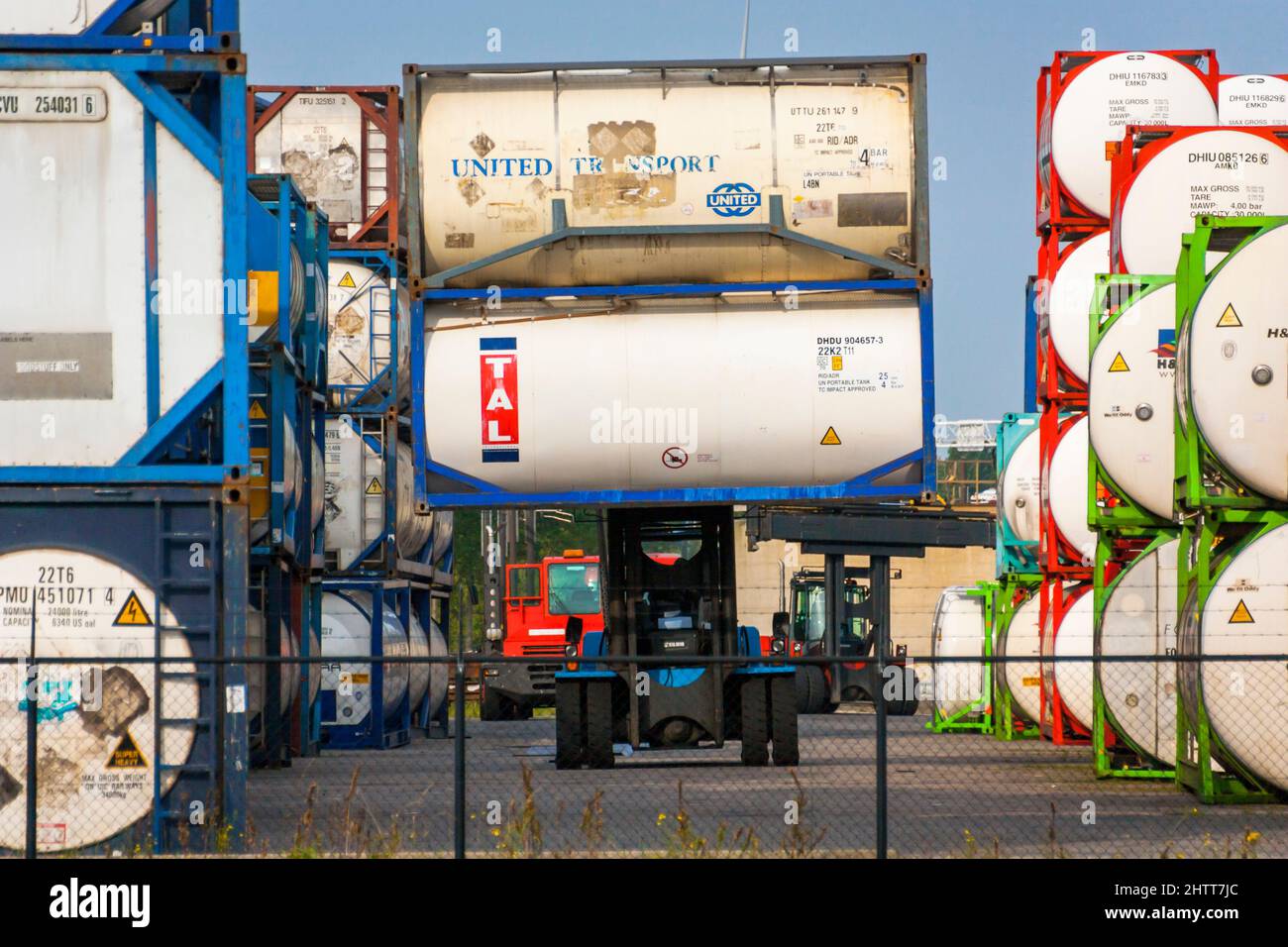 Forklift Truck with Container Tanks in Rotterdam Stock Photo - Alamy