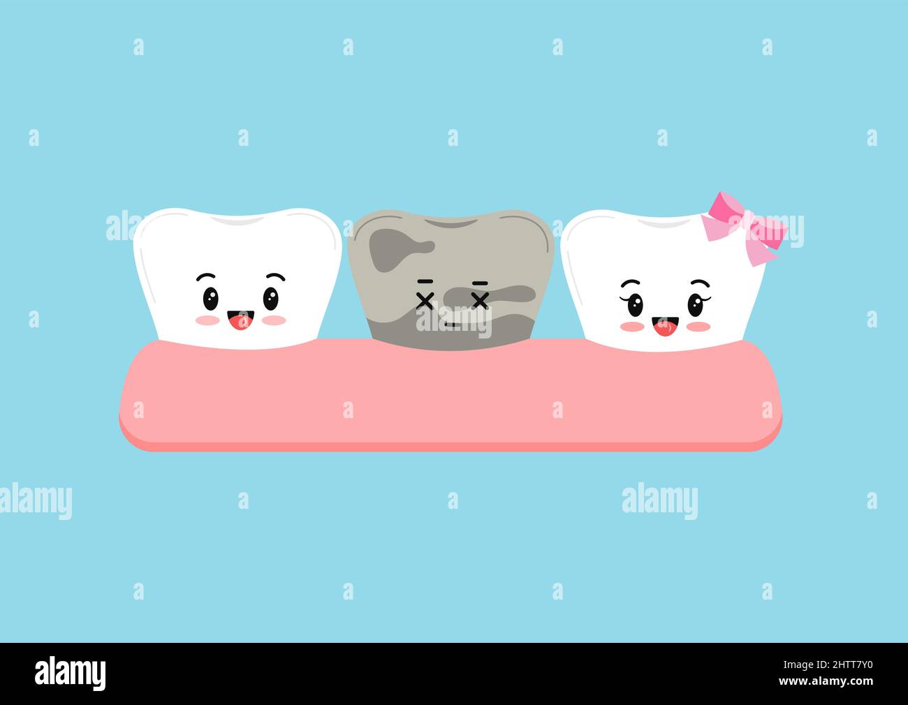 Sad dead tooth in gum with healthy teeth kids dentistry icon isolated ...