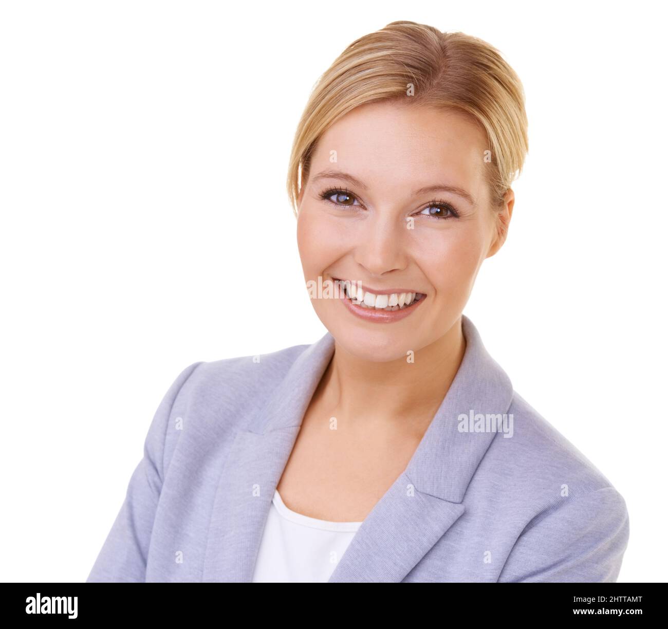 Bright smiles. A beautiful blonde smiling widely isolated on white ...
