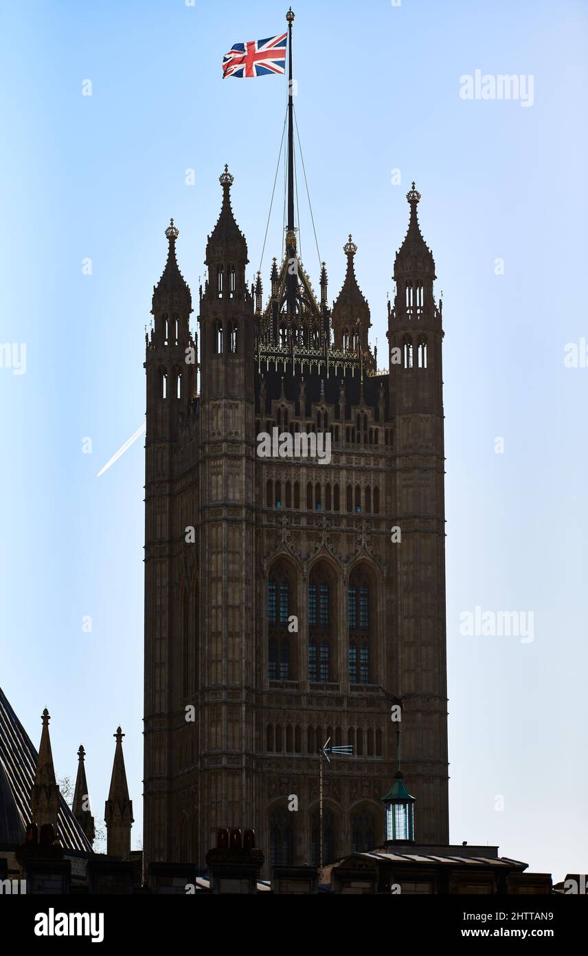 The Union Jack flag flutters above the Victoria or Sovereign's Tower ...